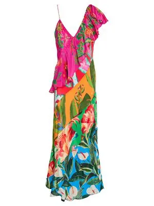 Farm Rio Ruffled Floral-print Crepe De Chine Midi Dress - Multicolor