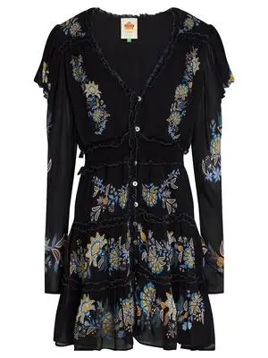 Farm Rio Ruffled Floral Print Crepe Mini Dress - Black