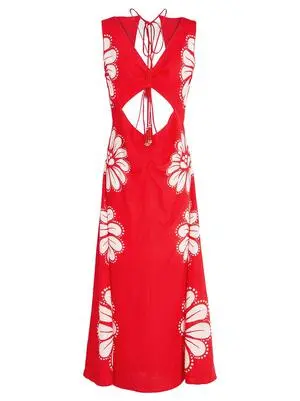 Farm Rio Cutout Floral-print Linen-blend Midi Dress - Red