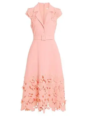 Badgley Mischka Belted Guipure Lace And Crepe Midi Dress - Peach