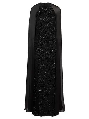 Jenny Packham Embellished Cape-effect Crepe And Chiffon Gown - Black