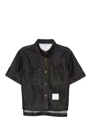 Thom Browne Logo-patched Short-sleeved Shirt - Blue