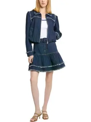 Cinq À Sept Indria" Fringe Trim Denim Jacket - Blue