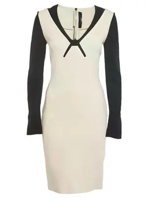 ROLAND MOURET Roland Mouret Cream Crepe Dress With Black Paneled Sleeves And Bow Detail