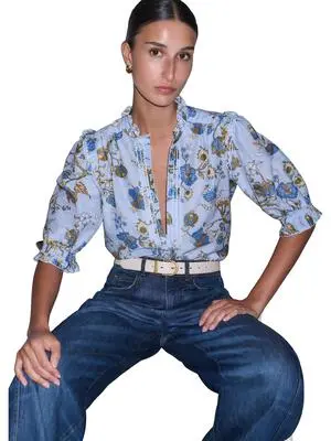 ME+EM Floral Garden Print Silk Cotton Blouse - Blue Multi