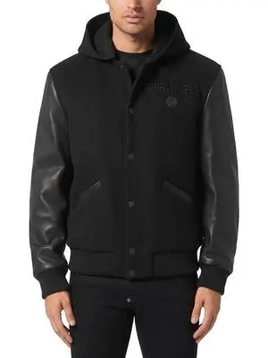 Philipp Plein Hooded Bomber Jacket With Leather Sleeves - Black