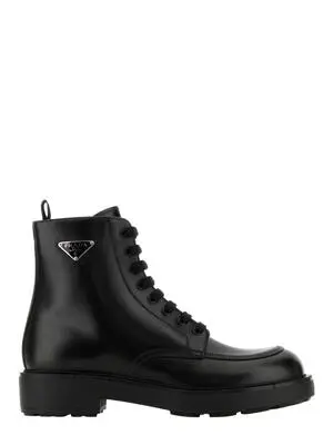 Prada Lace Up Logo Plaque Boots - Black