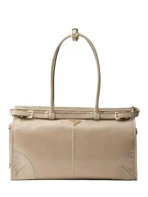 Prada Large Leather Handbag With Top Handles And Shoulder Strap - Brown