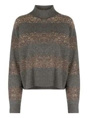 Brunello Cucinelli Brunello Cucinelli Sequin Embellished Striped High Neck Jumper Black