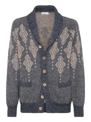 Brunello Cucinelli Geometric Jacquard Shawl Collar Cardigan - Blue