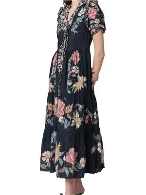 Farm Rio Midi Dress With Floral Print And Tiered Hem - Black