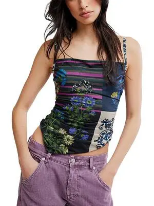Free People Estella Ruched Printed Tank Top - Midnight