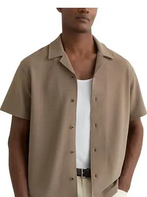 REISS Short Sleeve Textured Cuban Shirt - Camel Brown