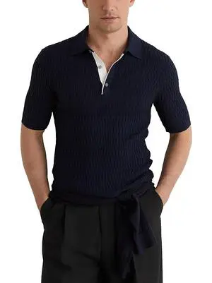 REISS Era Short Sleeve Textured Sweater Polo - Navy