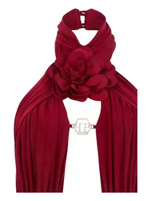 Philipp Plein Burgundy Halterneck Bodysuit With Flower Appliqué And Cut-out Detailing - Red