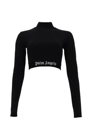 Palm Angels Cropped High Neck Long Sleeve Top With Logo Band - Black