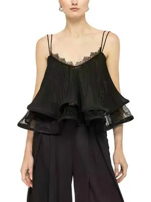 NISSA Pleated Lace-trim Blouse - Black