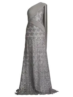 Tadashi Shoji Eamon Sequin-embellished One-shoulder Gown - Grey