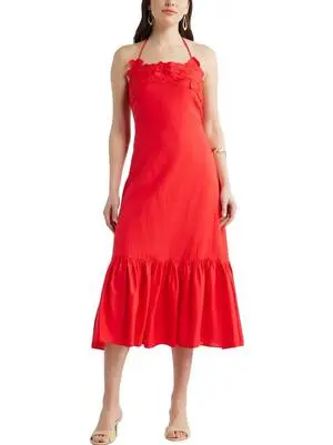 Chelsea28 Appliqué Tie Halter Midi Dress - Red
