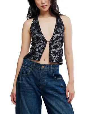 Free People Kenzie Embellished Crop Halter Top - Black
