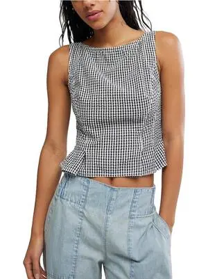 Free People Free People Sunfaded Gingham Peplum Top Black And White Comb