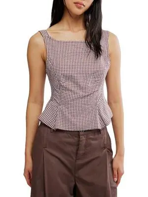 Free People Free People Sunfaded Gingham Peplum Top Frosty Lilac Combo