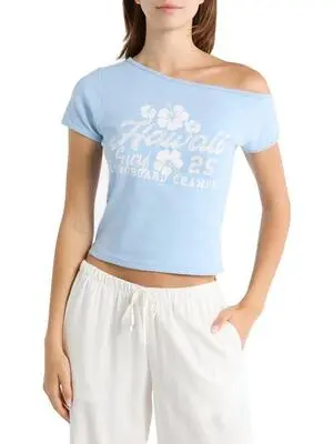 PACSUN Off-the-shoulder Graphic T-shirt - Light Blue