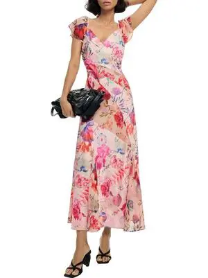 DESIGUAL Desigual Floral Flutter Sleeve Chiffon Dress