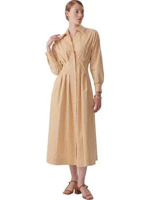 EXQUISE Belted Midi Shirt Dress With Classic Collar - Camel Beige