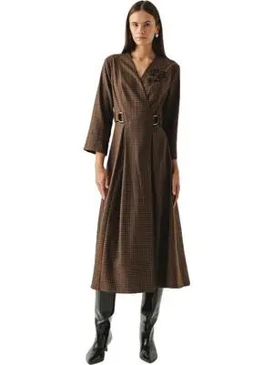 EXQUISE Plaid Long Sleeve Midi Dress With Embellishment - Multicolor