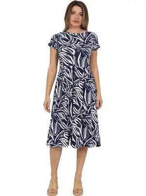 24SEVEN COMFORT APPAREL Abstract Print Boat Neck Fit & Flare Midi Dress - Navy Multi