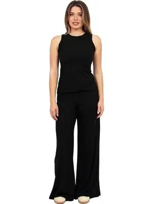 24SEVEN COMFORT APPAREL Ribbed Knit Tank Top And Wide Leg Pant Set - Black