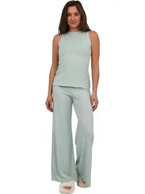 24SEVEN COMFORT APPAREL Ribbed Knit Tank Top And Wide Leg Pant Set - Mint