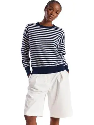 BRODIE CASHMERE Striped Crew Neck Sweater - Navy