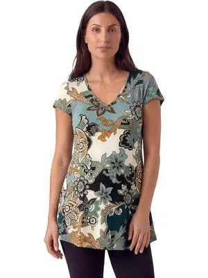 24SEVEN COMFORT APPAREL Maternity Floral Print V-neck Short Sleeve Tunic Top - Green Multi