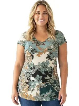 24SEVEN COMFORT APPAREL Short Sleeve V-neck Tunic Top - Green Multi