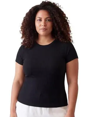 24SEVEN COMFORT APPAREL Ribbed Knit Round Neck Short Sleeve Top - Black