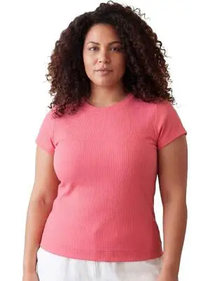 24SEVEN COMFORT APPAREL Ribbed Knit Round Neck Short Sleeve Top - Coral