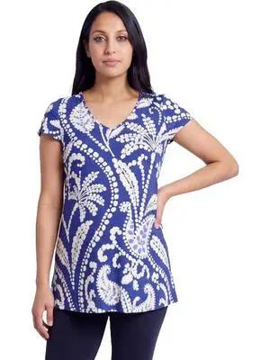 24SEVEN COMFORT APPAREL Maternity Basic Paisley Print V-neck Short Sleeve Flared Tunic Top - Blue Multi
