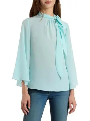 Santorelli Lena Tie Neck Blouse In Silk Crepe De Chine - Sky Blue