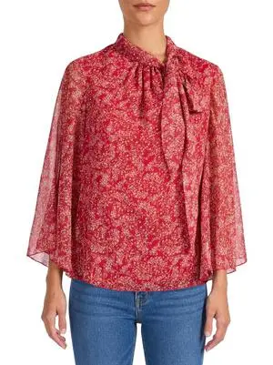 Santorelli Lena Printed Georgette Tie Neck Blouse - Chili Pepper