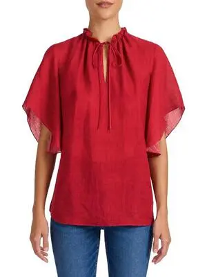 Santorelli Guita Flutter Sleeve Blouse In Floral Linen Blend - Chili Pepper
