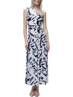 NOCTURNE Nocturne Printed One-Shoulder Draped Midi Dress