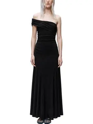 NOCTURNE Asymmetric Off Shoulder Ruched Maxi Dress - Black