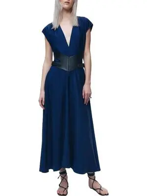 NOCTURNE V-neck Belted Midi Dress - Navy