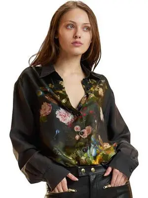 Cynthia Rowley Collectible Silk Floral Blouse - Black