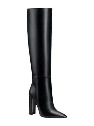 Femme La Paris Pointed Toe Knee High Block Heel Boots - Black