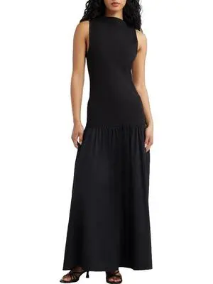Topshop Drop Waist Mixed Media Maxi Dress - Black