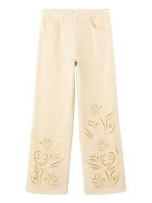 Mango Openwork Floral Straight Leg Jeans - Vanilla