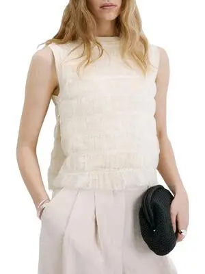 Mango Ruched Sleeveless Mesh Overlay Knit Sweater - Ecru